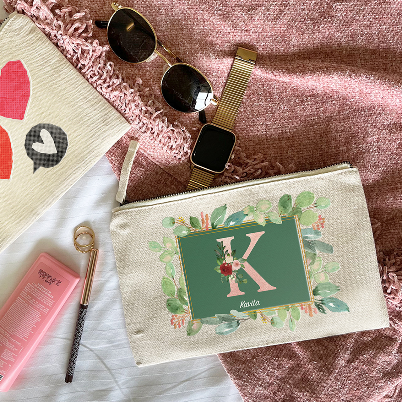 Bouquet Monogram K Custom Printed Pouches with Name | Zoomin