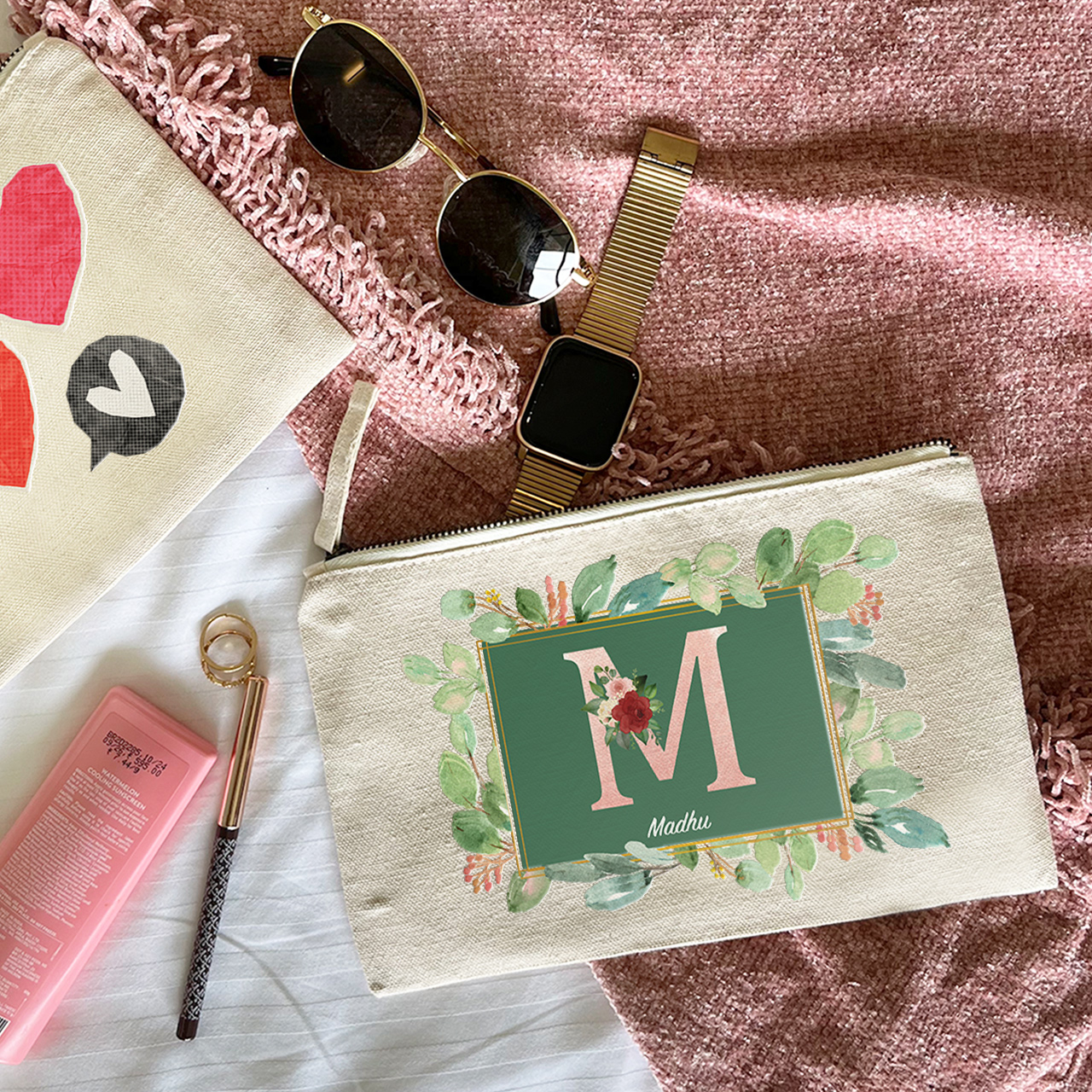 Bouquet Monogram M Custom Printed Pouches with Name | Zoomin